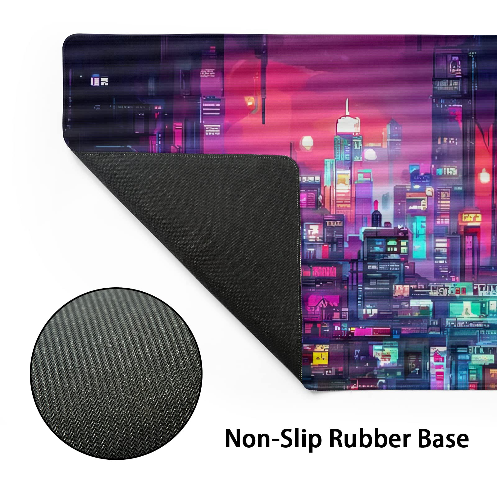 Retro Japanese Anime Gaming Mouse Pad XXL Cool Dark Purple Red Vaporwave City Extended Large Desk Mat Big Mousepad Non-Slip Rubber Base Stitched Edge Long Mousepad for Desk Computer, 35.4 x 15.7 in