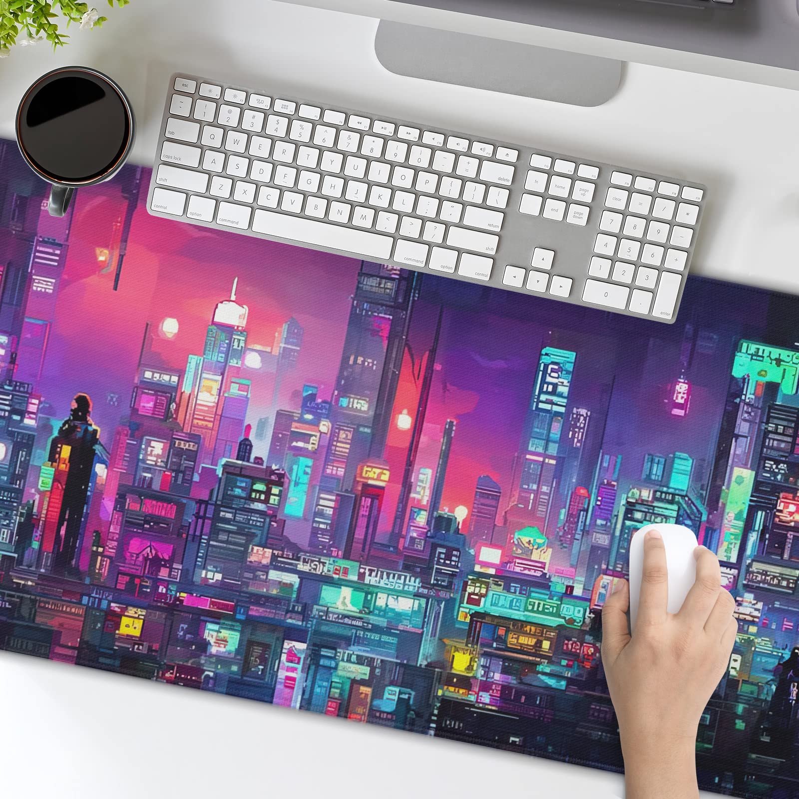 Retro Japanese Anime Gaming Mouse Pad XXL Cool Dark Purple Red Vaporwave City Extended Large Desk Mat Big Mousepad Non-Slip Rubber Base Stitched Edge Long Mousepad for Desk Computer, 35.4 x 15.7 in