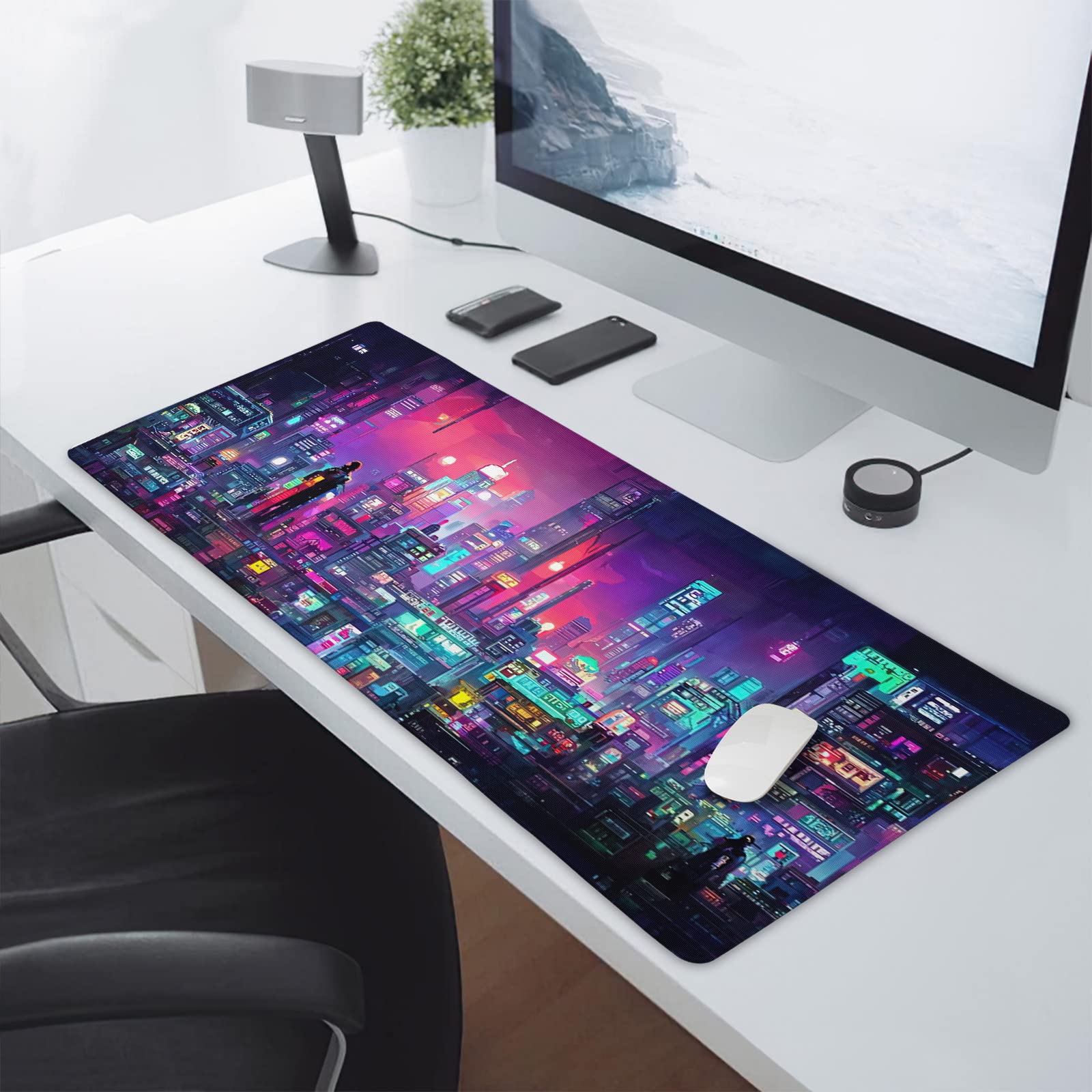 Retro Japanese Anime Gaming Mouse Pad XXL Cool Dark Purple Red Vaporwave City Extended Large Desk Mat Big Mousepad Non-Slip Rubber Base Stitched Edge Long Mousepad for Desk Computer, 35.4 x 15.7 in