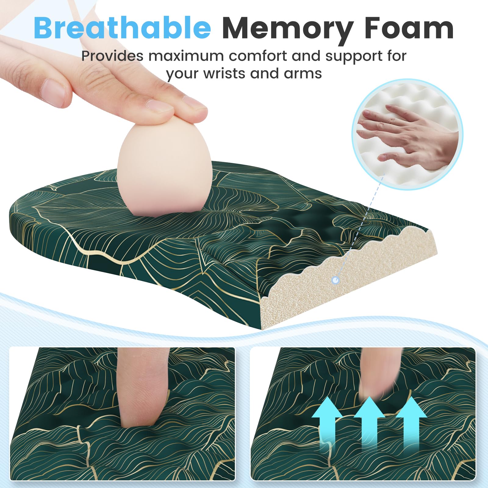 HAOCOO Ergonomic Mouse Pad with Wrist Rest and Keyboard Wrist Rest, 3 PCS Computer Carpal Tunnel Mouse Pads Set for Desk with Coaster, Memory Foam Mousepad Support for Office Laptop, Green Palm Leaves