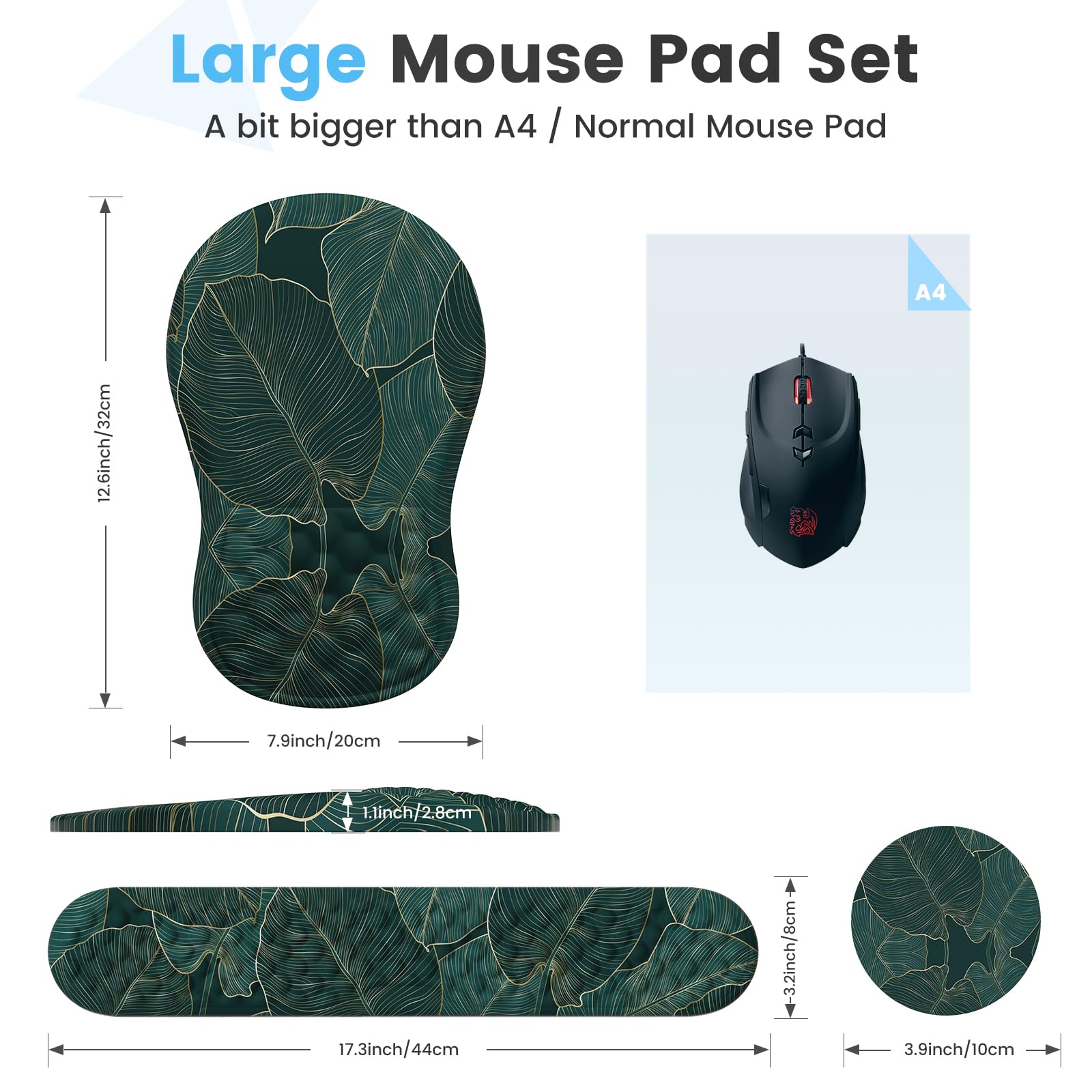HAOCOO Ergonomic Mouse Pad with Wrist Rest and Keyboard Wrist Rest, 3 PCS Computer Carpal Tunnel Mouse Pads Set for Desk with Coaster, Memory Foam Mousepad Support for Office Laptop, Green Palm Leaves