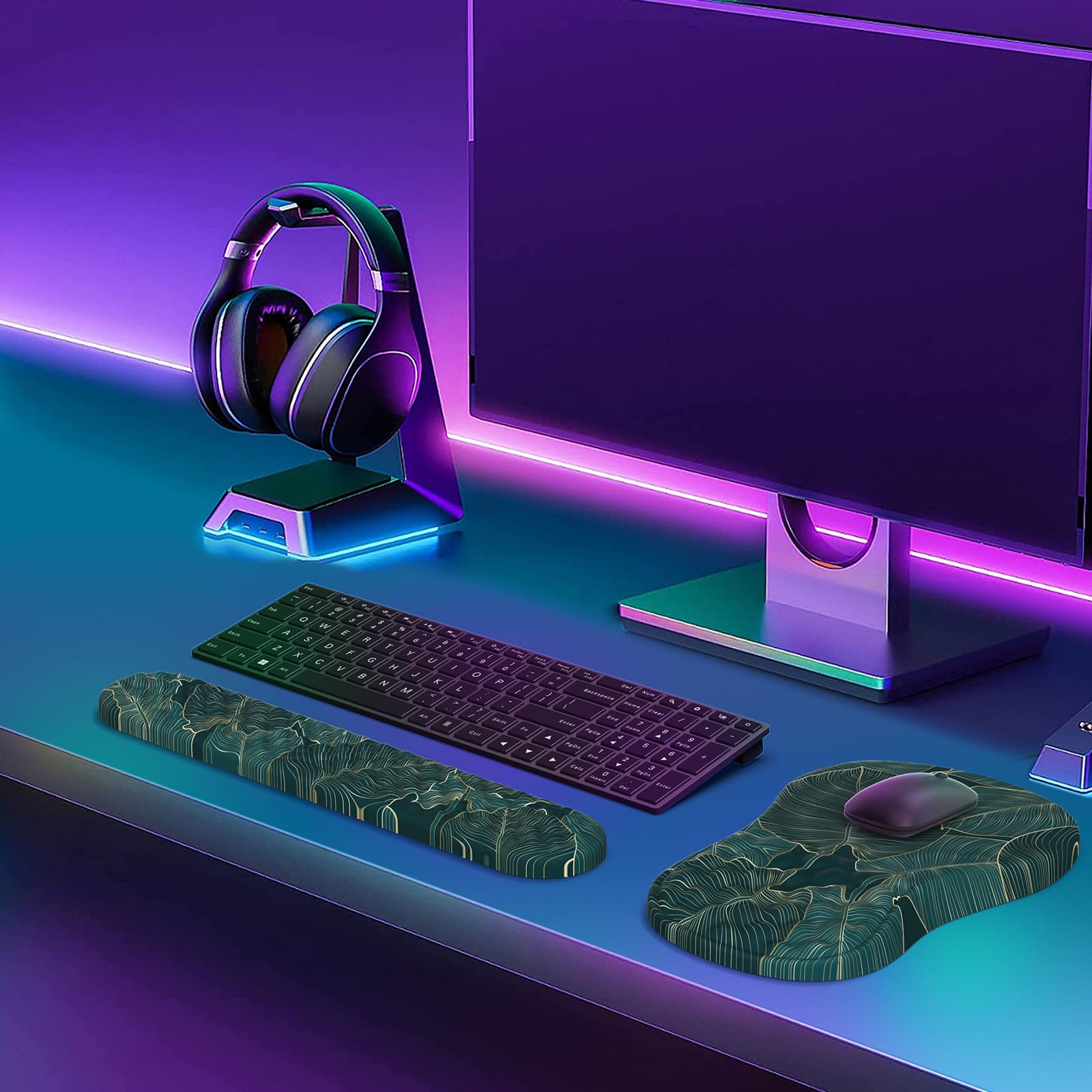 HAOCOO Ergonomic Mouse Pad with Wrist Rest and Keyboard Wrist Rest, 3 PCS Computer Carpal Tunnel Mouse Pads Set for Desk with Coaster, Memory Foam Mousepad Support for Office Laptop, Green Palm Leaves
