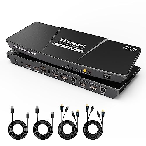 TESmart DisplayPort + HDMI KVM Switch 2 Monitors 2 Computers 4K@60Hz, Dual Monitor KVM Switch 2 Port Extended Display, EDID Emulators, USB 2.0, L/R Audio, Hotkey Switch, Button Switch with All Cables