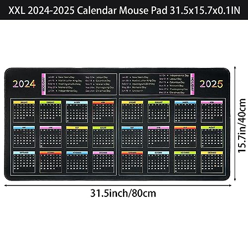 9CH Large Gaming Mouse Pad 2024-2025 Calendar with Holidays Mouse Pad Non-Slip Rubber Base, Computer Mouse Pad for Desktop Work, Game, Office(31.5 x 15.7 Inch-Black)