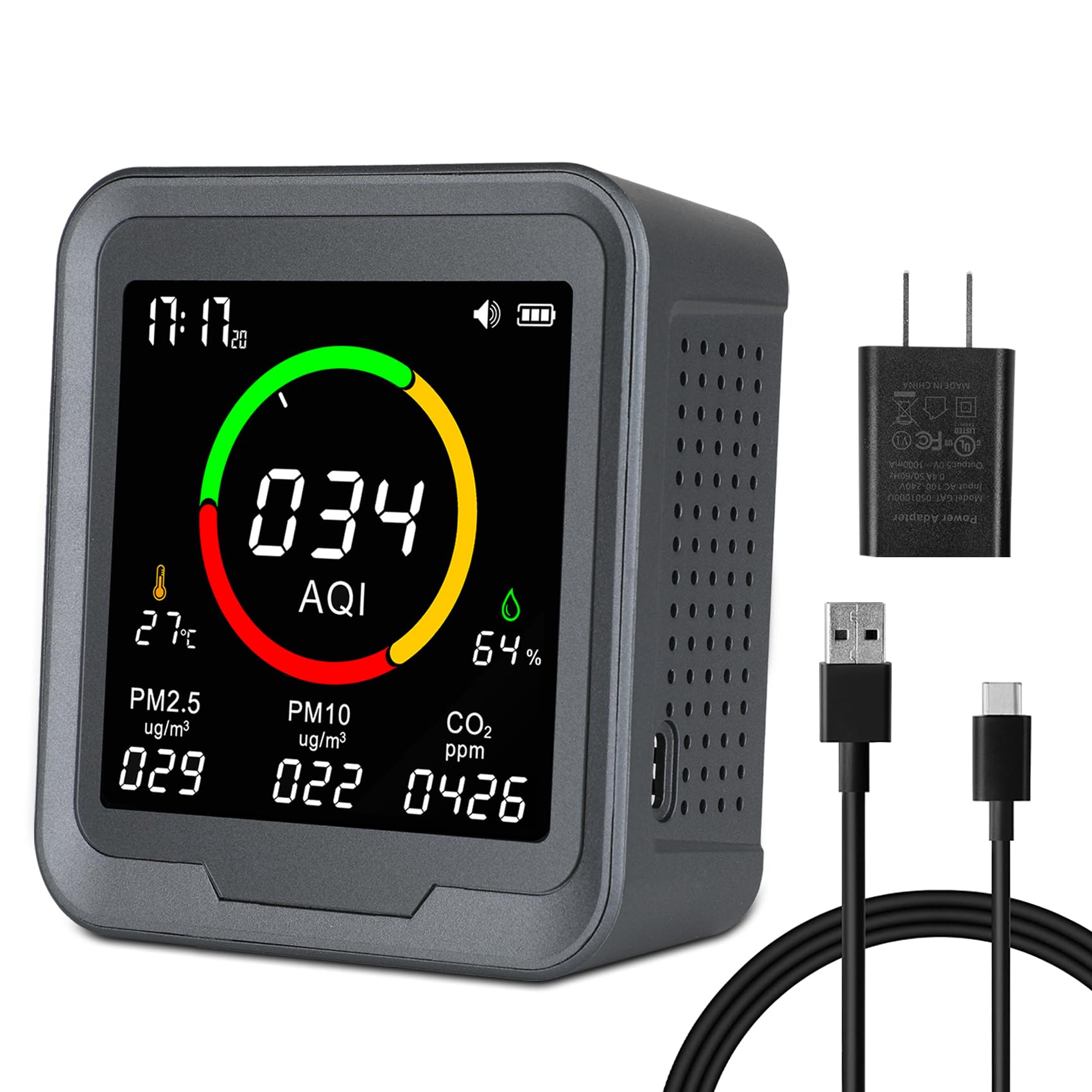Chaoos 6-in-1 Indoor Air Quality Monitor, Detects CO2, PM2.5, PM10, AQI, Temp and Humidity, AQI Monitor with Alarm, CO2 Monitor for Home, Cellars, Grow Tents, Offices