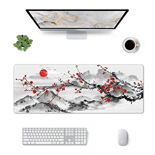Japanese Sakura Cherry Blossom Mouse Pad XXL Full Desk Mousepad Extended Large Non-Slip Rubber Base Big Keyboard Mat with Stitched Edges for Gaming and Office(31.5 X 11.8 Inch 3mm)