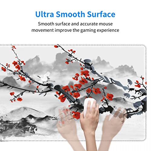 Japanese Sakura Cherry Blossom Mouse Pad XXL Full Desk Mousepad Extended Large Non-Slip Rubber Base Big Keyboard Mat with Stitched Edges for Gaming and Office(31.5 X 11.8 Inch 3mm)