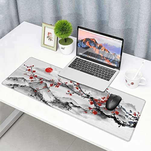 Japanese Sakura Cherry Blossom Mouse Pad XXL Full Desk Mousepad Extended Large Non-Slip Rubber Base Big Keyboard Mat with Stitched Edges for Gaming and Office(31.5 X 11.8 Inch 3mm)