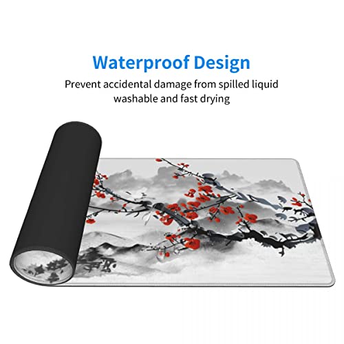Japanese Sakura Cherry Blossom Mouse Pad XXL Full Desk Mousepad Extended Large Non-Slip Rubber Base Big Keyboard Mat with Stitched Edges for Gaming and Office(31.5 X 11.8 Inch 3mm)