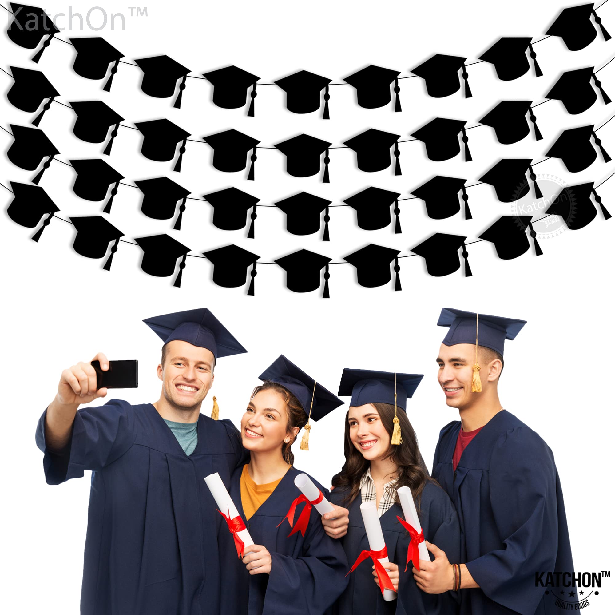 Felt, Black Graduation Cap Garland - 4 Strings, No DIY | Graduation Garland, Graduation 2023 Decorations | Graduation Banner for Black Graduation Party Decorations 2023 | Graduation Cap Decorations