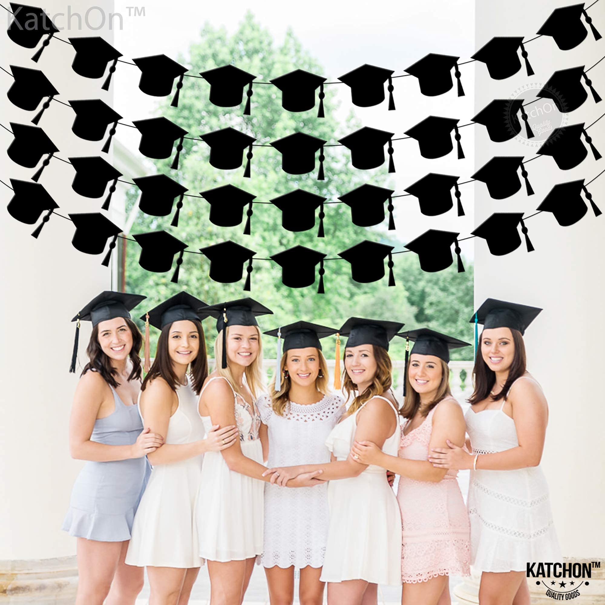 Felt, Black Graduation Cap Garland - 4 Strings, No DIY | Graduation Garland, Graduation 2023 Decorations | Graduation Banner for Black Graduation Party Decorations 2023 | Graduation Cap Decorations