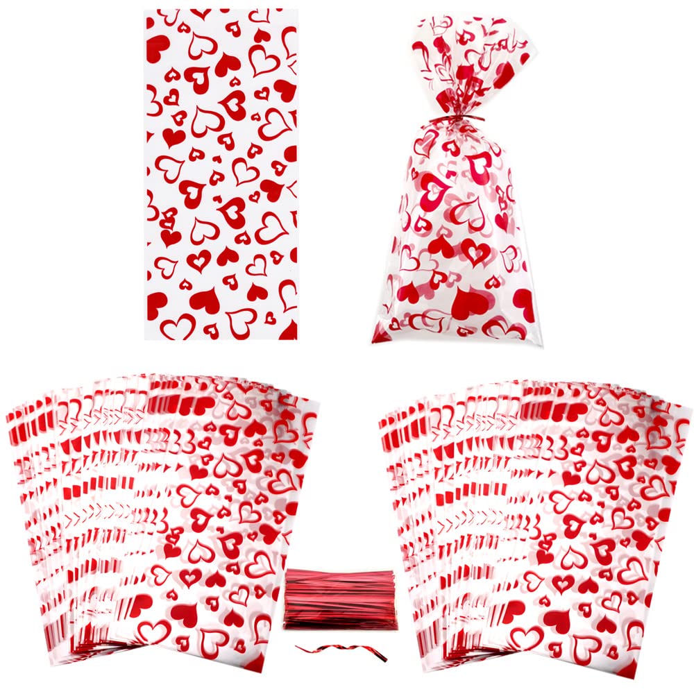SaktopDeco 100 PCS Red Heart Cellophane Bags Goody Bags Plastic Bags Cookie Bags Valentine Cellophane Bags for Party Birthday Supplies