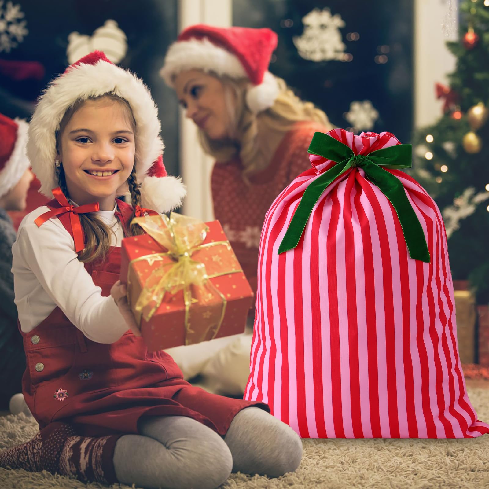 DYSHAYEN Santa Sack Christmas Bag,Extra Large Size 27"x19.5"Canvas Heavy Duty Personalize Gift Bag for Kids,Party Decoration (Stripe)