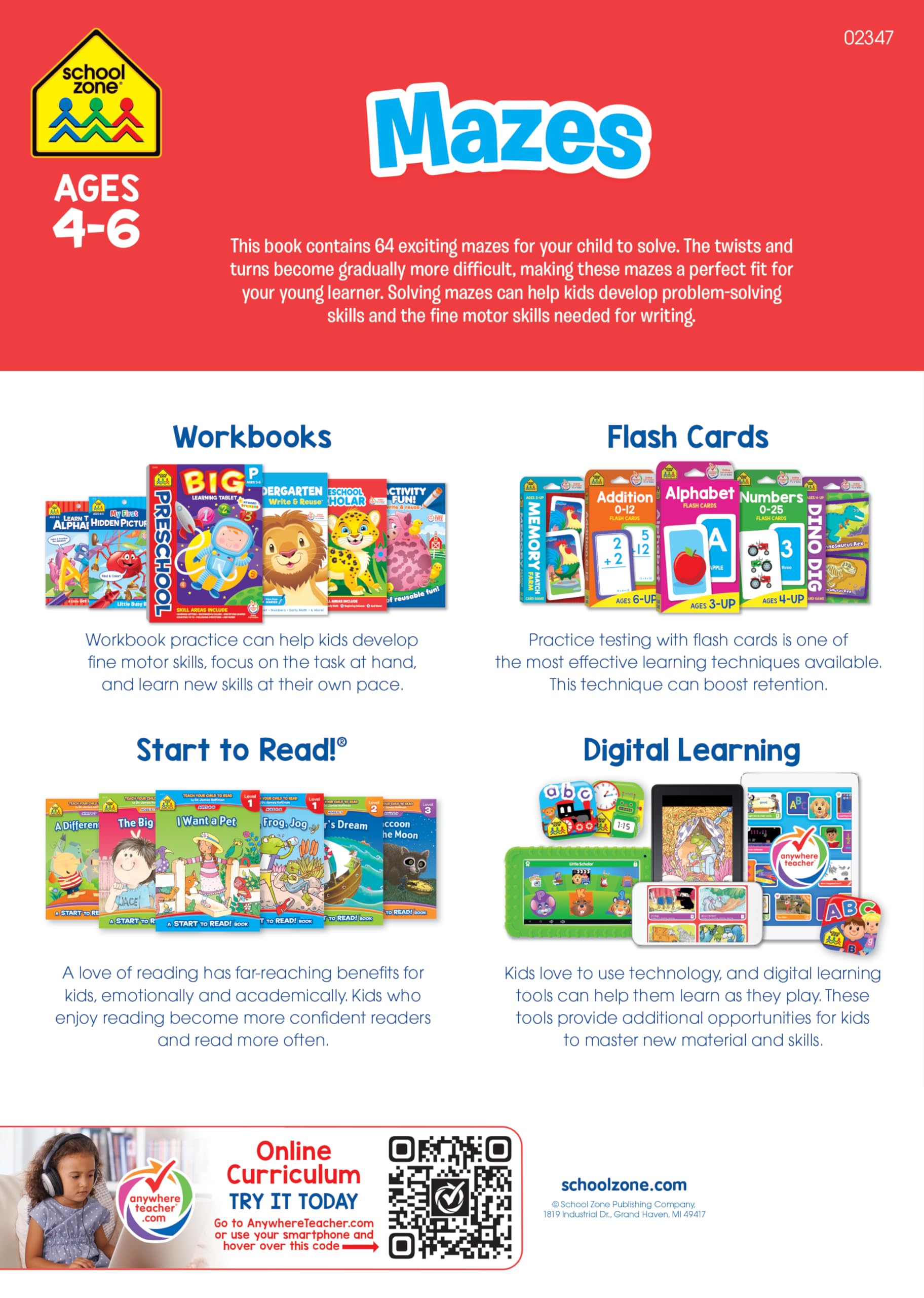 School Zone - Mazes Workbook - 64 Pages, Ages 4 to 6, Preschool, Kindergarten, Maze Puzzles, Wide Paths, Colorful Pictures, Problem-Solving, and More (School Zone Activity ZoneĀ® Workbook Series)