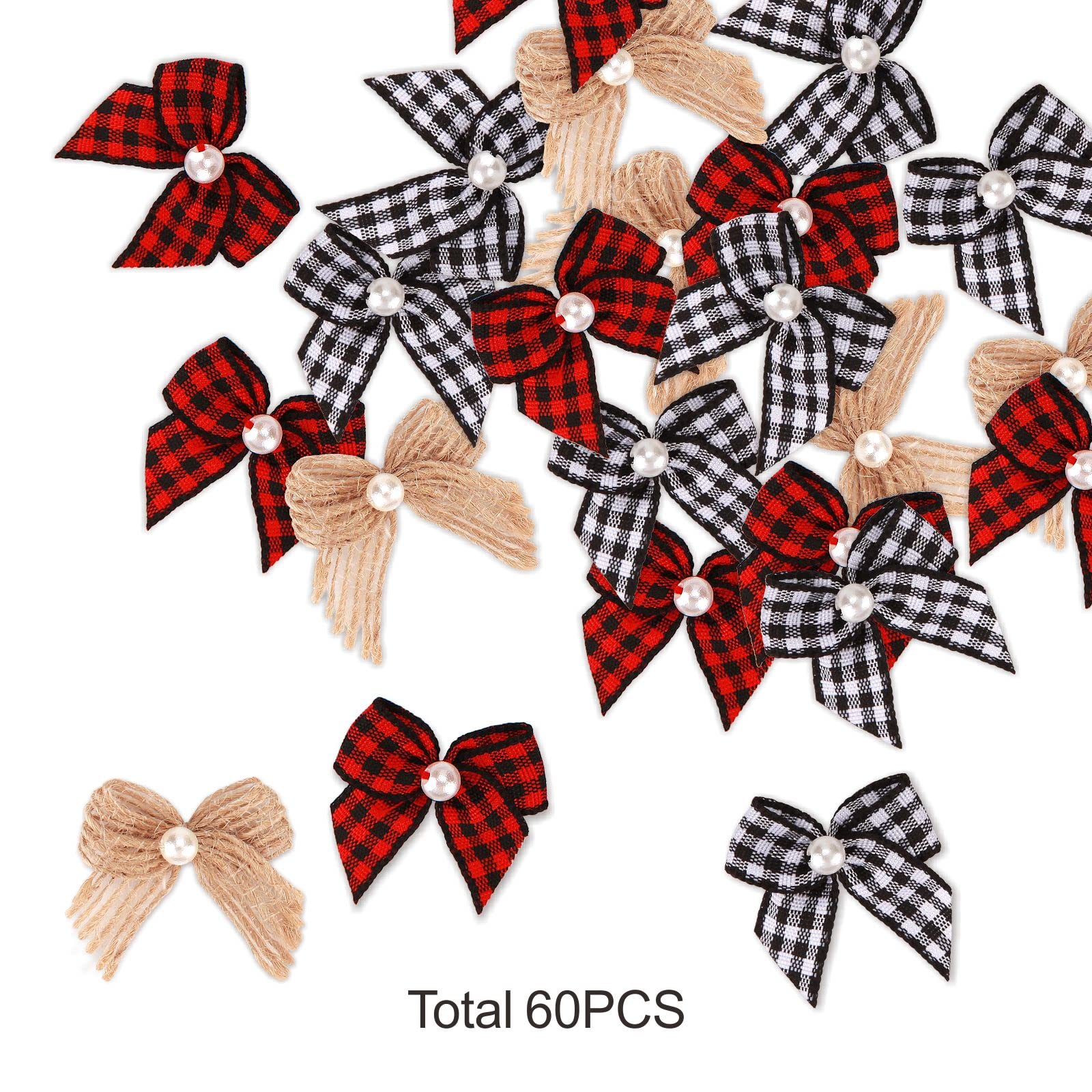 Meseey 60pcs 1" Mini Buffalo Check Plaid Red and Black Ribbon Burlap Bow White and Black Gingham Ribbon Double Bows for Packages Gift Wrapping Christmas Decoration
