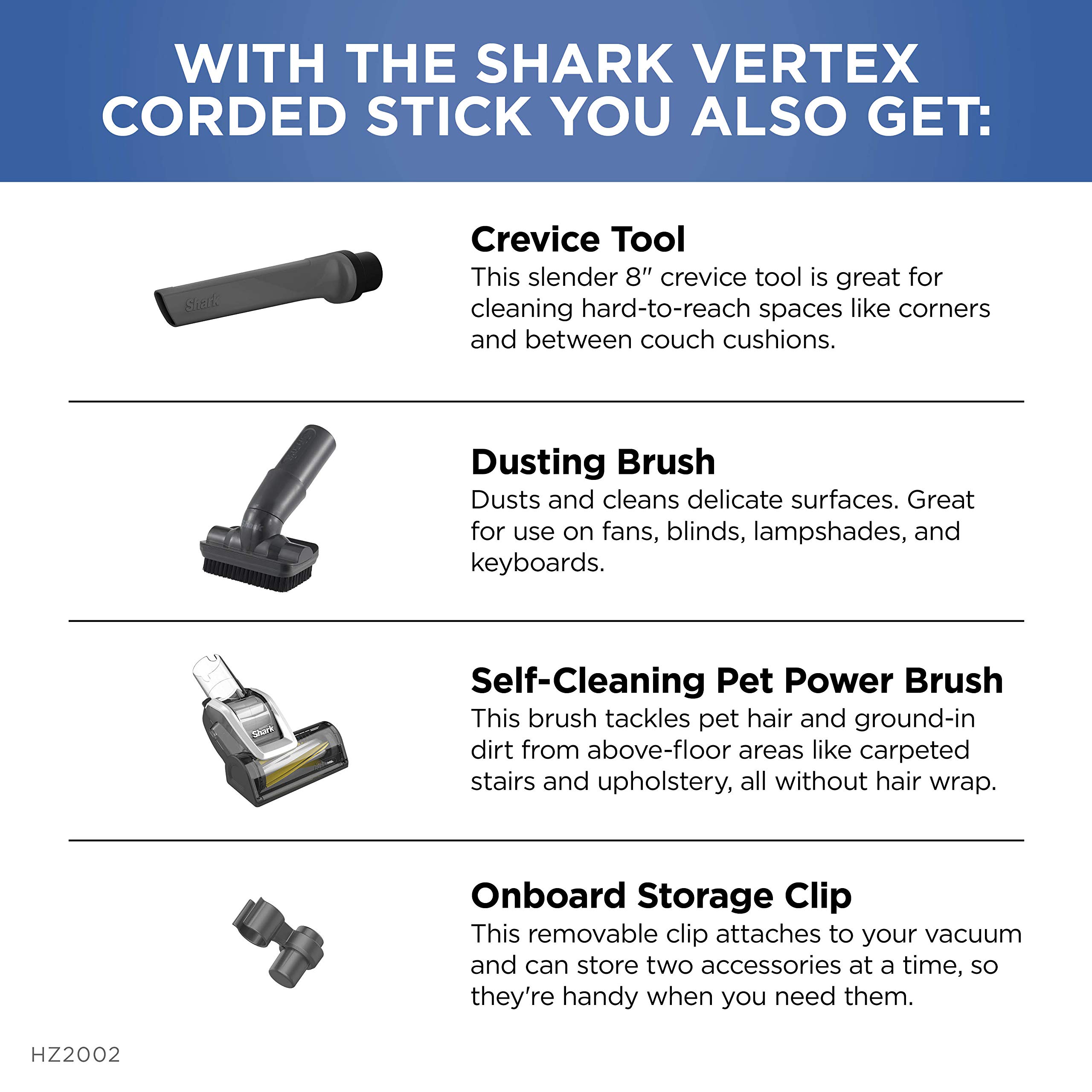 Shark HZ2002 Vertex Ultralight Corded Stick DuoClean PowerFins & Self-Cleaning Brushroll, Perfect for Pets, Removable Hand Vacuum, Upholstery Tool, Dusting & Power Brushes, Cobalt Blue