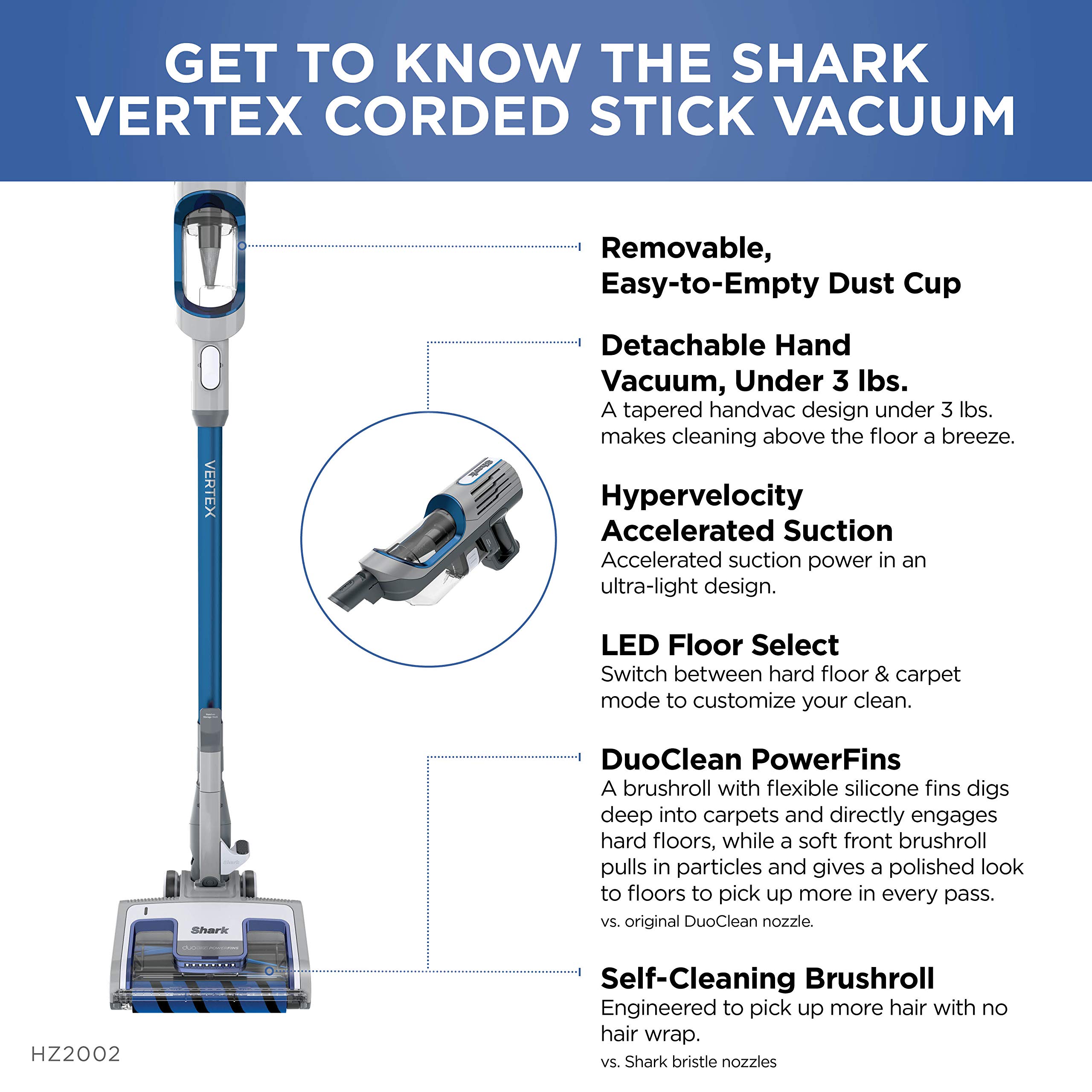 Shark HZ2002 Vertex Ultralight Corded Stick DuoClean PowerFins & Self-Cleaning Brushroll, Perfect for Pets, Removable Hand Vacuum, Upholstery Tool, Dusting & Power Brushes, Cobalt Blue