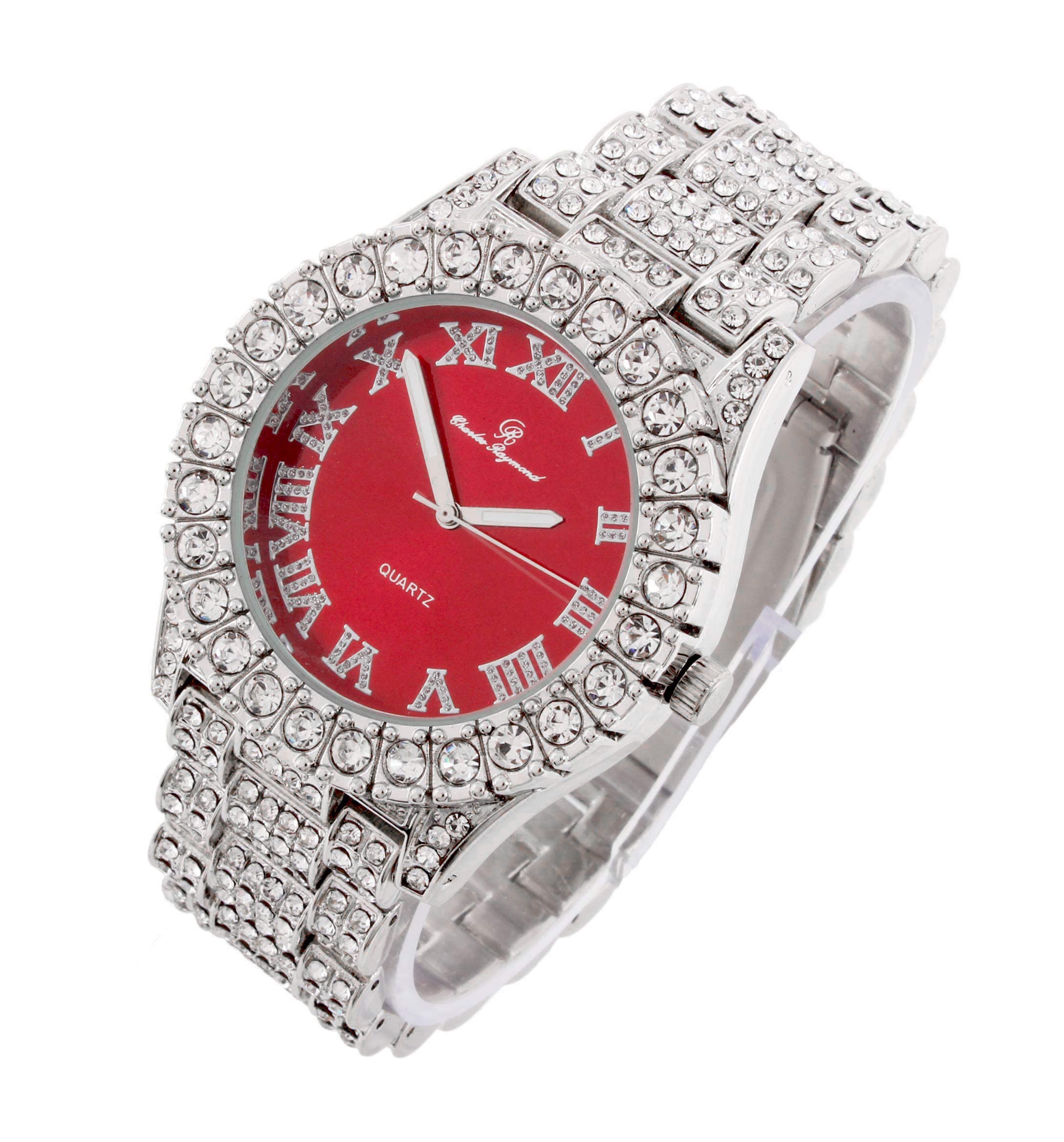 Charles Raymond Mens Silver Big Rocks with Roman Numerals Fully Iced Out Colorful Dial Watch - ST10327 RN Single (Blood Red/Silver)