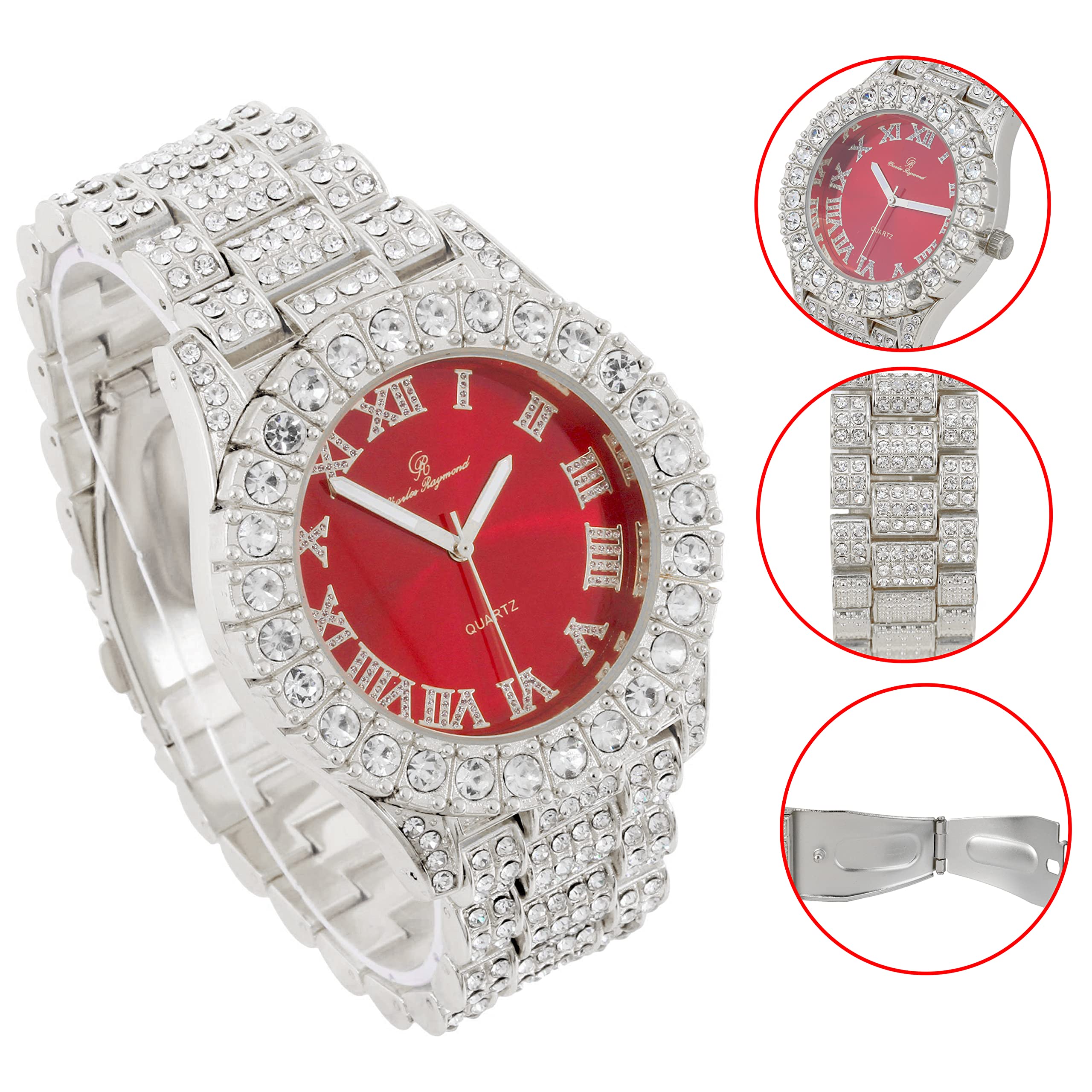 Charles Raymond Mens Silver Big Rocks with Roman Numerals Fully Iced Out Colorful Dial Watch - ST10327 RN Single (Blood Red/Silver)