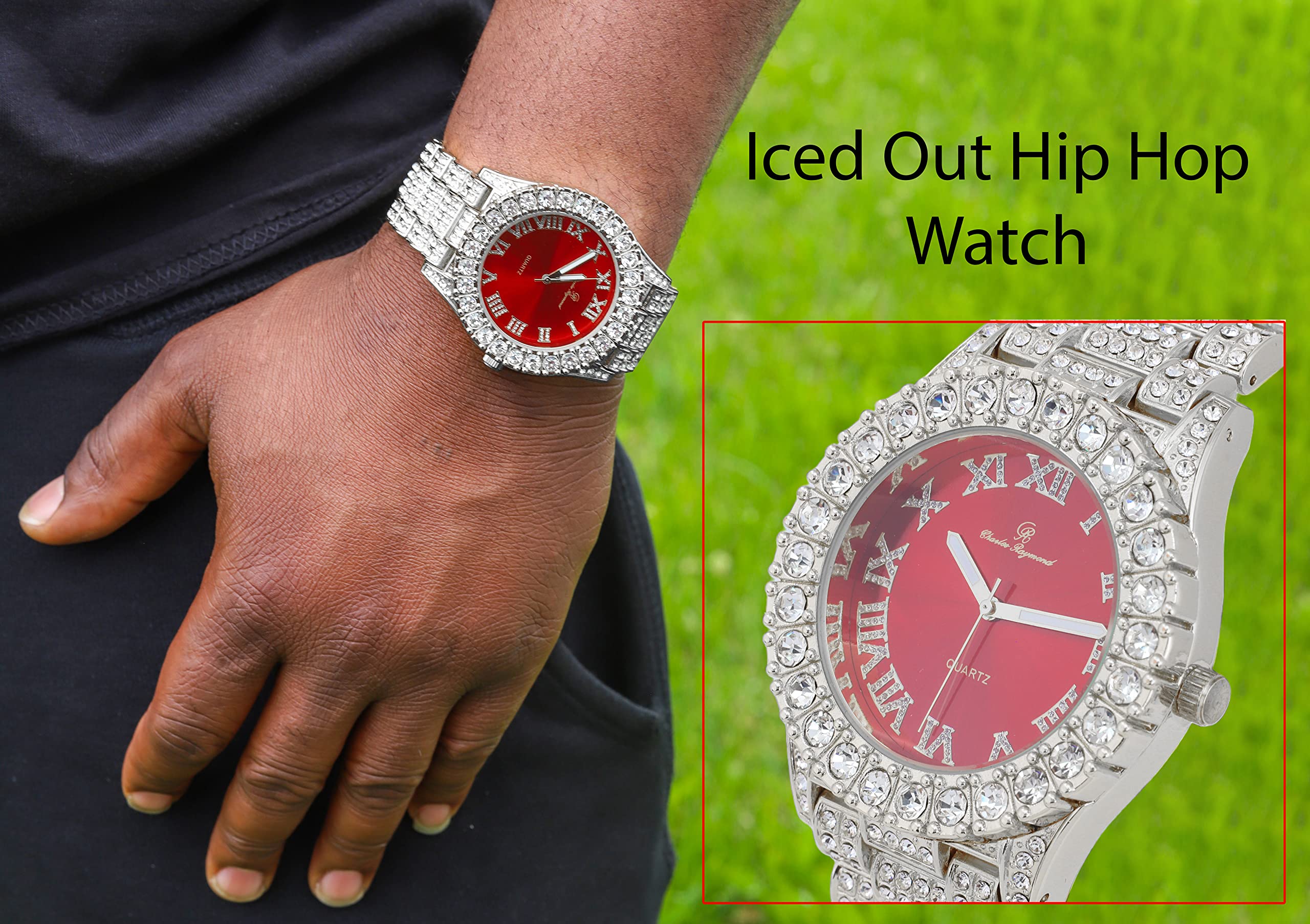 Charles Raymond Mens Silver Big Rocks with Roman Numerals Fully Iced Out Colorful Dial Watch - ST10327 RN Single (Blood Red/Silver)