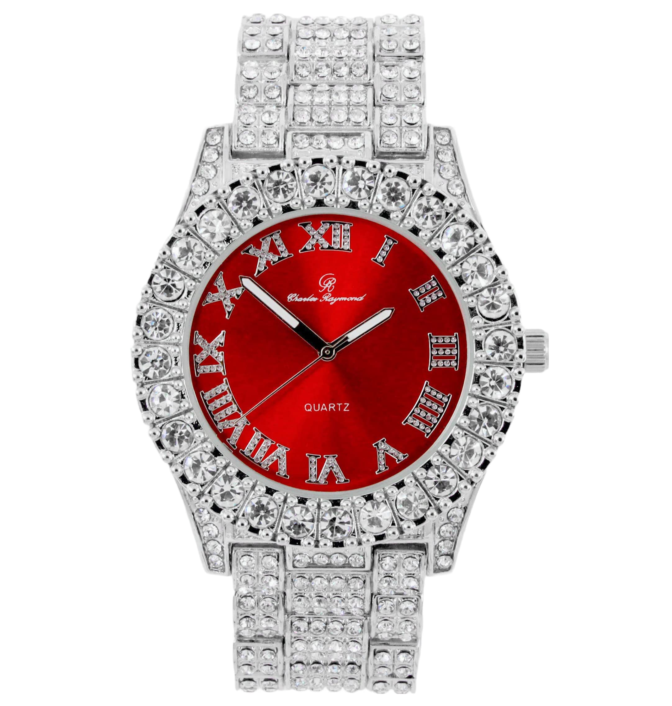 Charles Raymond Mens Silver Big Rocks with Roman Numerals Fully Iced Out Colorful Dial Watch - ST10327 RN Single (Blood Red/Silver)