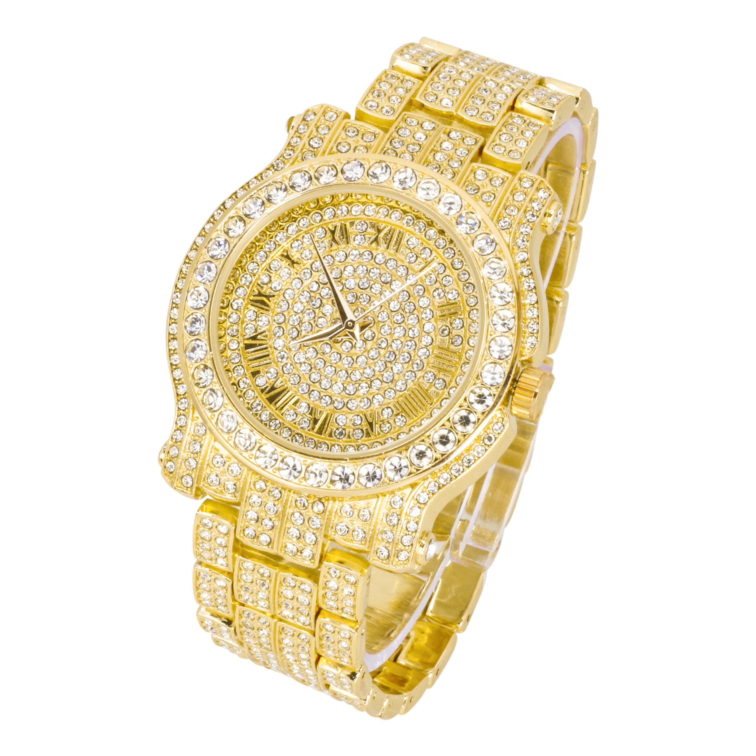 Techno Pave Men's 45mm Iced Out Roman Dial Watch with Bracelet Set - Gold Dial with Big Cuban Bracelet