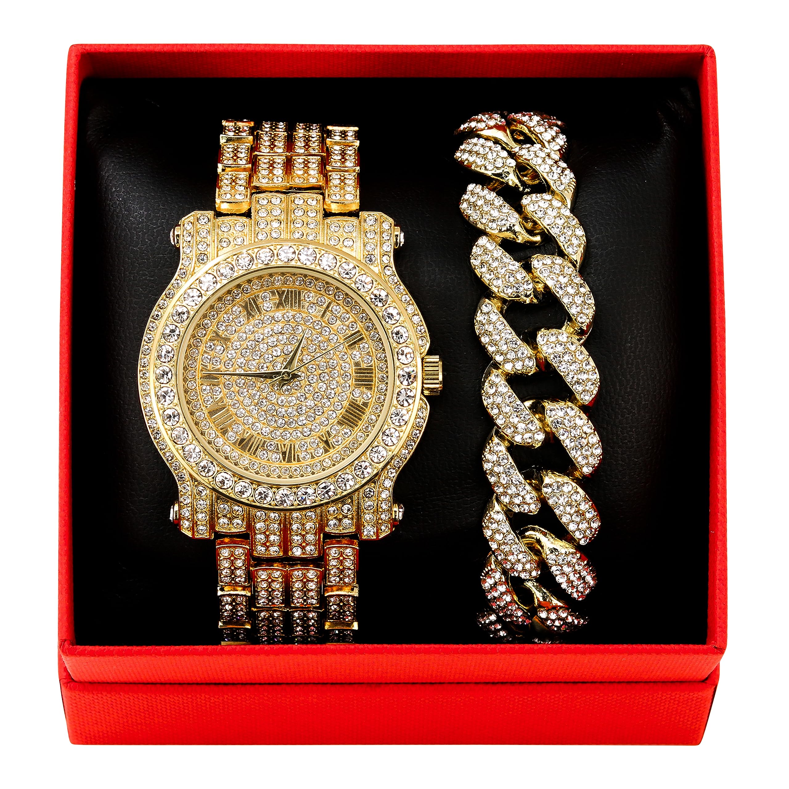 Techno Pave Men's 45mm Iced Out Roman Dial Watch with Bracelet Set - Gold Dial with Big Cuban Bracelet