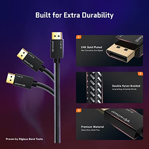WitWot 8K DisplayPort Cable 1.4, 6ft, Bi-Directional Gold-Plated Nylon Braided Display Port DP Cable (8K@60Hz, 4K@144Hz, 2K@240Hz) 32.4Gbps, HDR, HDCP 2.2 for Gaming Monitor, Graphics, PC, Computer