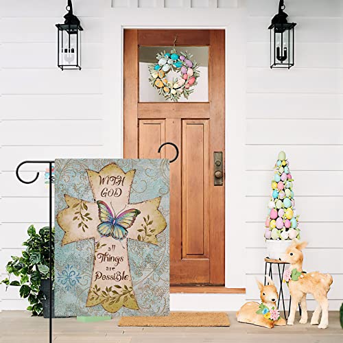 Dyrenson Decorative 28 x 40 Religious House Flag Cross Double Sided Christian Faith, with God All Things are Possible Burlap Yard Decoration, Butterfly Outdoor Décor Large Flag Spring Summer Easter