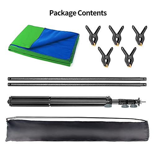 Hemmotop Green Screen Backdrop with Stand Kit 5x6.5ft for Zoom, 2-in-1 Reversible Blue Screen and Green Screen with Portable T-Shaped Background Support Stand, 5 x Backdrop Clip