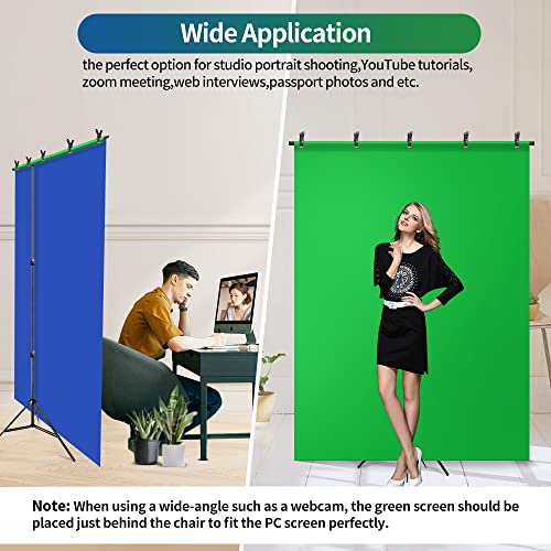 Hemmotop Green Screen Backdrop with Stand Kit 5x6.5ft for Zoom, 2-in-1 Reversible Blue Screen and Green Screen with Portable T-Shaped Background Support Stand, 5 x Backdrop Clip