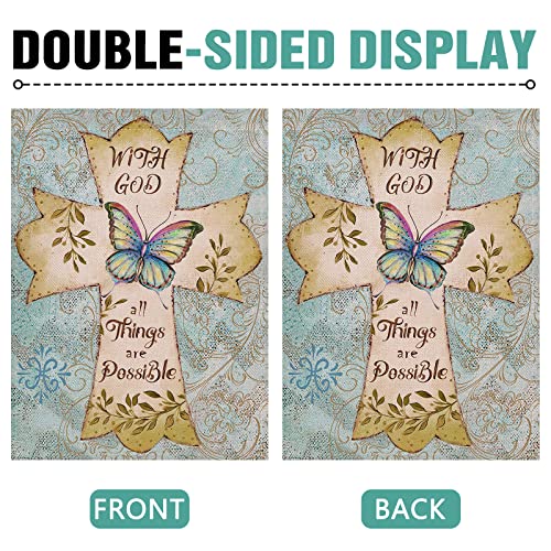 Dyrenson Decorative 28 x 40 Religious House Flag Cross Double Sided Christian Faith, with God All Things are Possible Burlap Yard Decoration, Butterfly Outdoor Décor Large Flag Spring Summer Easter