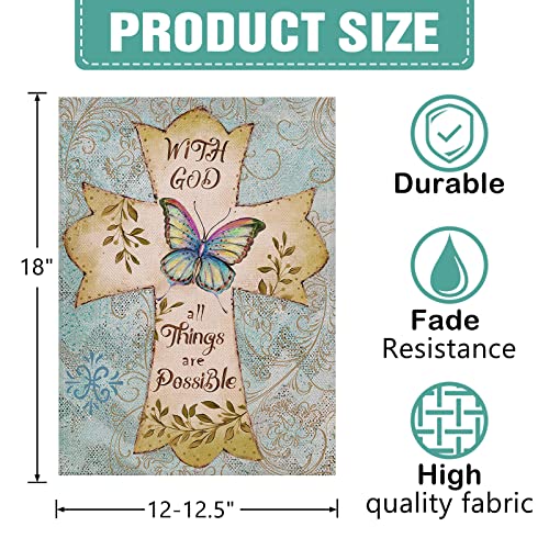 Dyrenson Decorative 28 x 40 Religious House Flag Cross Double Sided Christian Faith, with God All Things are Possible Burlap Yard Decoration, Butterfly Outdoor Décor Large Flag Spring Summer Easter