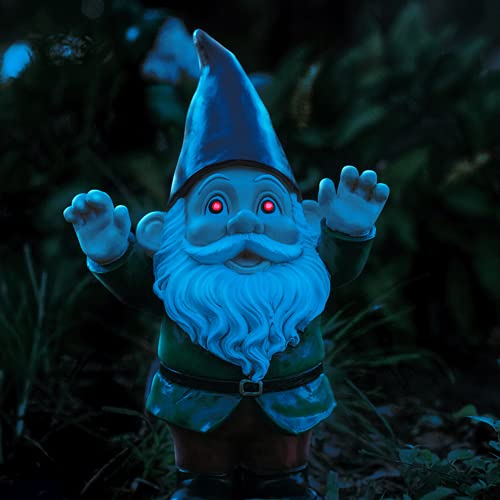 Solar Powered LED Garden Gnome w/ Creepy Light-up Glowing Red Eyes, 11" Tall, Weather Resistant, Meet Figglethorpe The Fire-Eyed Gnome