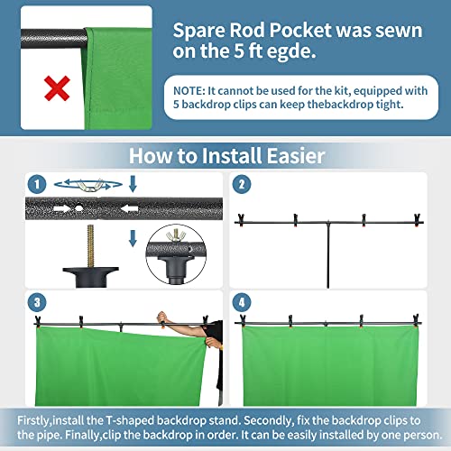 Hemmotop Green Screen Backdrop with Stand Kit 5x6.5ft for Zoom, 2-in-1 Reversible Blue Screen and Green Screen with Portable T-Shaped Background Support Stand, 5 x Backdrop Clip