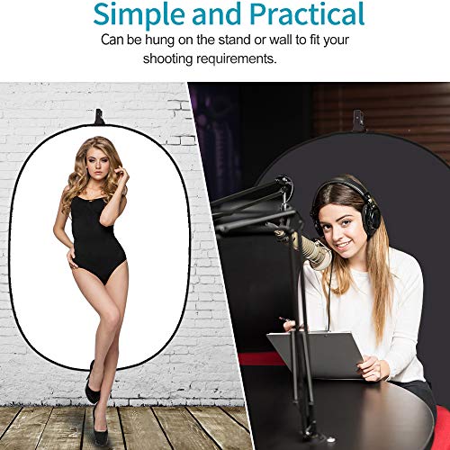 5X3.3 ft (1.5mX1m) 2 in 1 Cotton Muslin Black White Collapsible Reflector Backgrounds Portable Collapsible Reversible Photography Backdrop with Carrying Bag