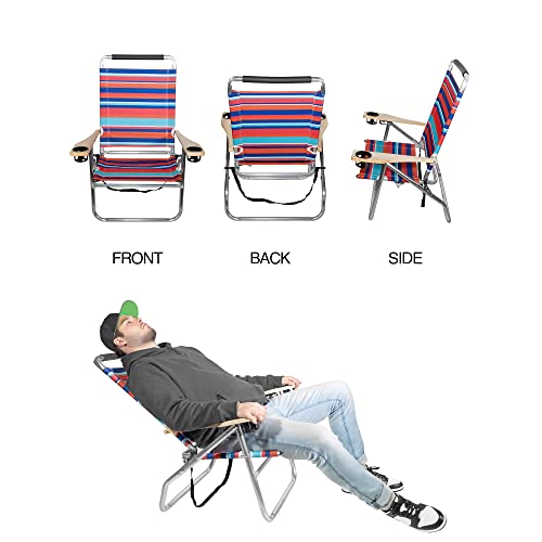 Garden Elements Colorful Foldable Reclining Aluminum Beach Chairs with Cupholders and Carrying Strap, Multicolor, Pack of 2