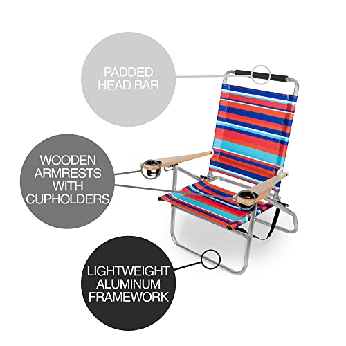 Garden Elements Colorful Foldable Reclining Aluminum Beach Chairs with Cupholders and Carrying Strap, Multicolor, Pack of 2