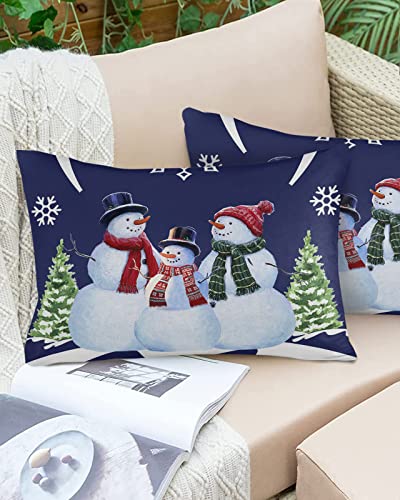 Outdoor Throw Pillow Covers Waterproof Pillow Cases 20x12In,Snowman Family Christmas Tree Snowflake Decorative Pillow Covers Cushion Cases for Couch Sofa Patio Garden,2 Pack Winter Snow Night