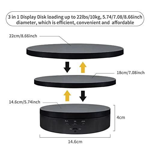 3 in 1 Motorized Rotating Display Stand with 5.74/7.08/8.66 inch Replacement Cover, 360 Degree Turner Cup Rotating Display Stand for Photography Products and Video Show,Max Load 22Lbs