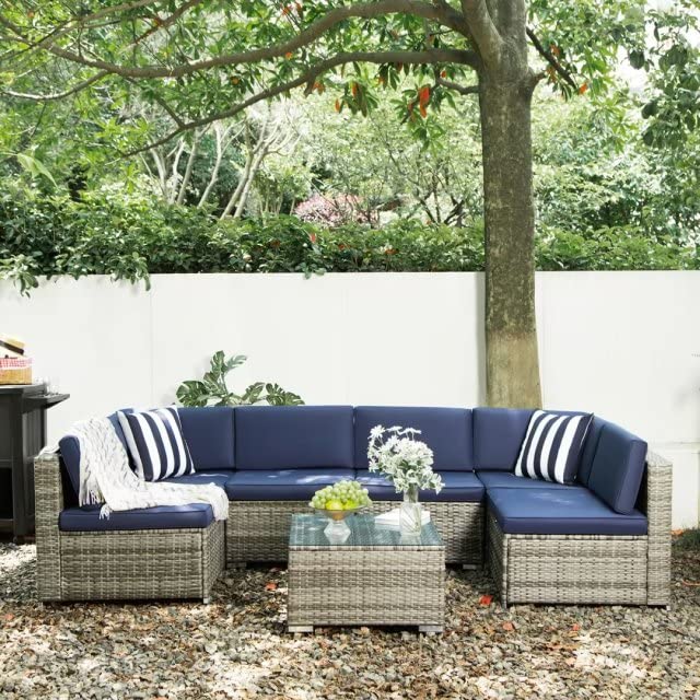 Devoko 7 Pieces Wicker Patio Furniture Set Rattan Outdoor Furniture Sectional Sofa Backyard Furniture Outdoor Couch with Updated Metal Feet (Blue)
