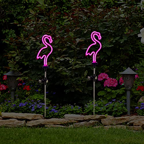 Flamingo Solar Garden Stake Lights, [Set of 2] Outdoor Solar Pathway Light for Lawn Patio Yard Walkway, Neon Pink Lighting (29.5" Height)