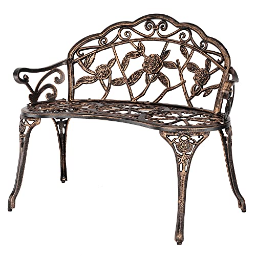 GOODSILO Outdoor Garden Bench Powder Coated Cast Aluminum Iron Patio Bench with Rose Backrest, Seat Surface, Legs for Porch Benches Outdoor, Park, Courtyard, Backyard 38.5 Inch Wide Bronze