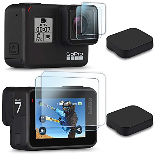 FiTSTILL [6 PCS] Screen Protector for GoPro Hero 7(Only Black)/Hero HD(2018)/Hero 5/Hero 6, Ultra Clear Tempered Glass Screen Protector + Lens Protector + Lens Cap Cover Accessories