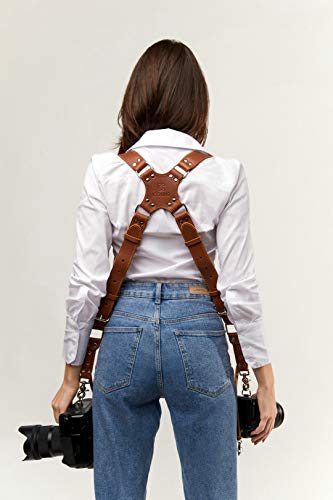 Camera Strap Accessories for Two-Cameras – Dual Shoulder Leather Harness – Multi Camera Gear for DSLR/SLR Strap by Coiro
