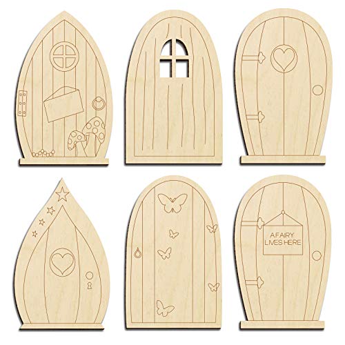 Zhuper 24pcs Fairy Garden Door 6 Designs Wooden Fairy Doors DIY Craft Kit Blank Unfinished Tooth Fairy Door Miniature -3.9”x2.5”
