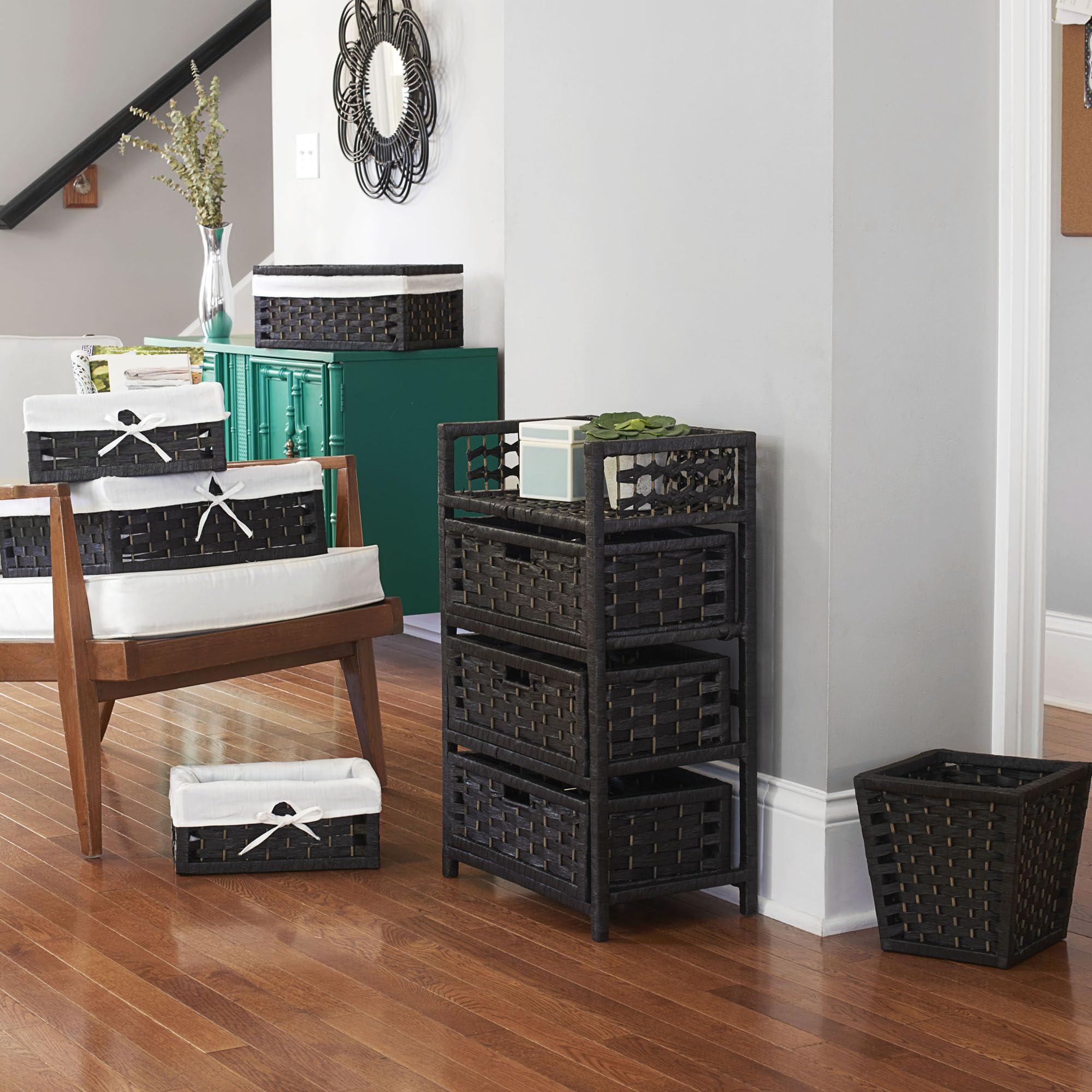 Household Essentials Hand-Woven Paper Rope Basket with Lid and Liner, Black Stain
