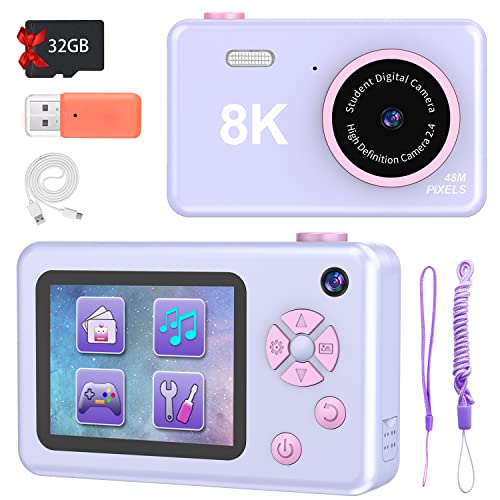 Digital Camera for Kids Girls Boys- 48MP Kids Camera with 32GB SD Card, Full HD 1080P Front and Rear Cameras Rechargeable Mini Camera for Students, Teens, Kids - Purple