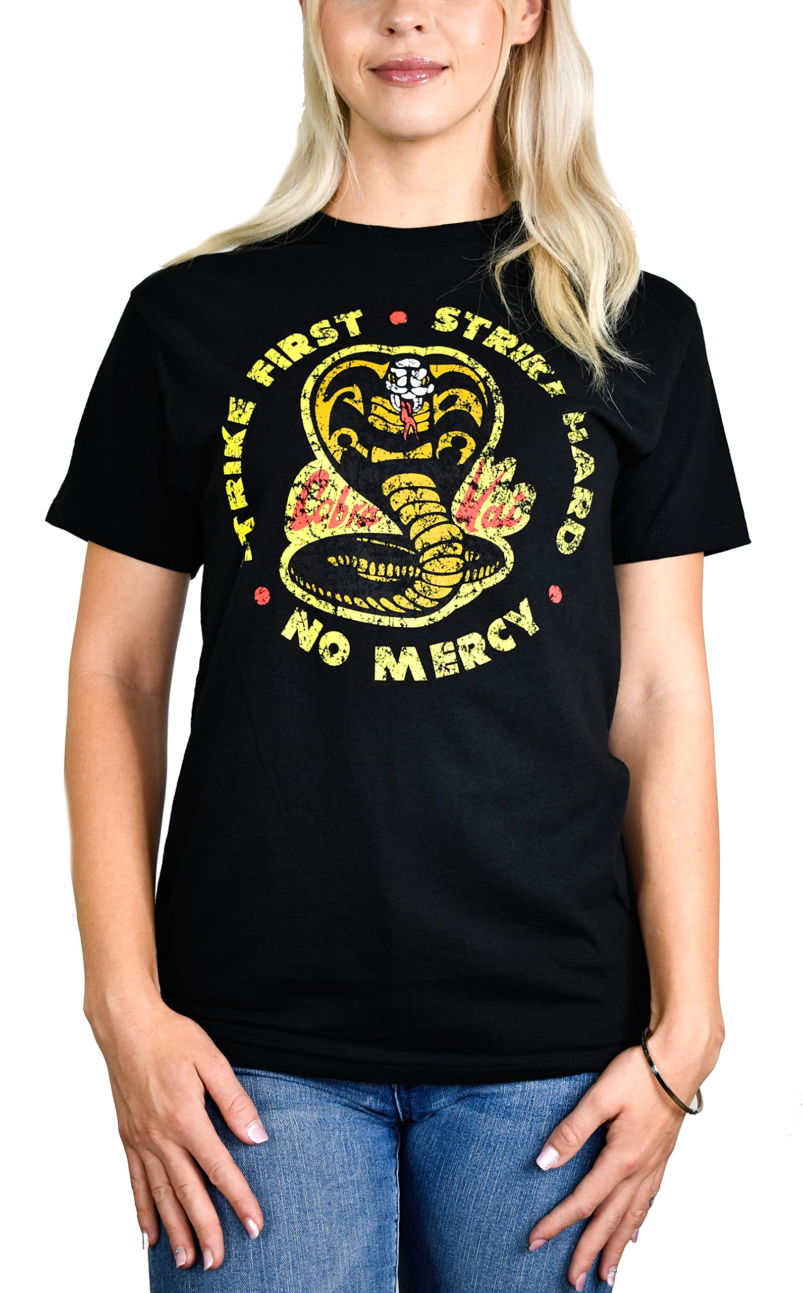 Karate Kid Strike First Cobra Kai Logo Crew T-Shirt(MD, Black)