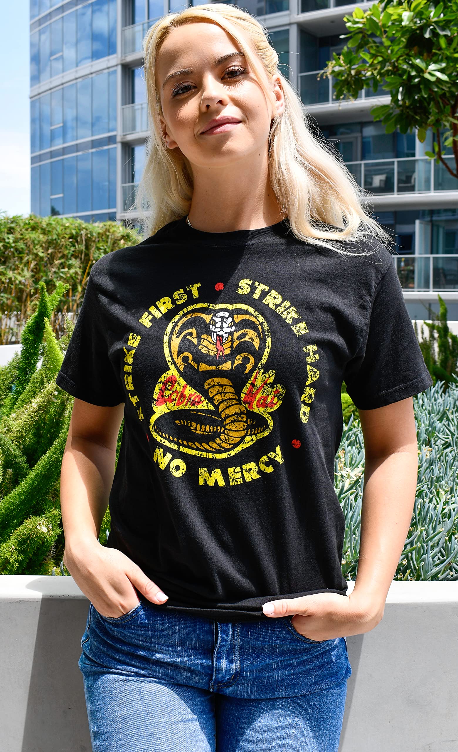 Karate Kid Strike First Cobra Kai Logo Crew T-Shirt(MD, Black)